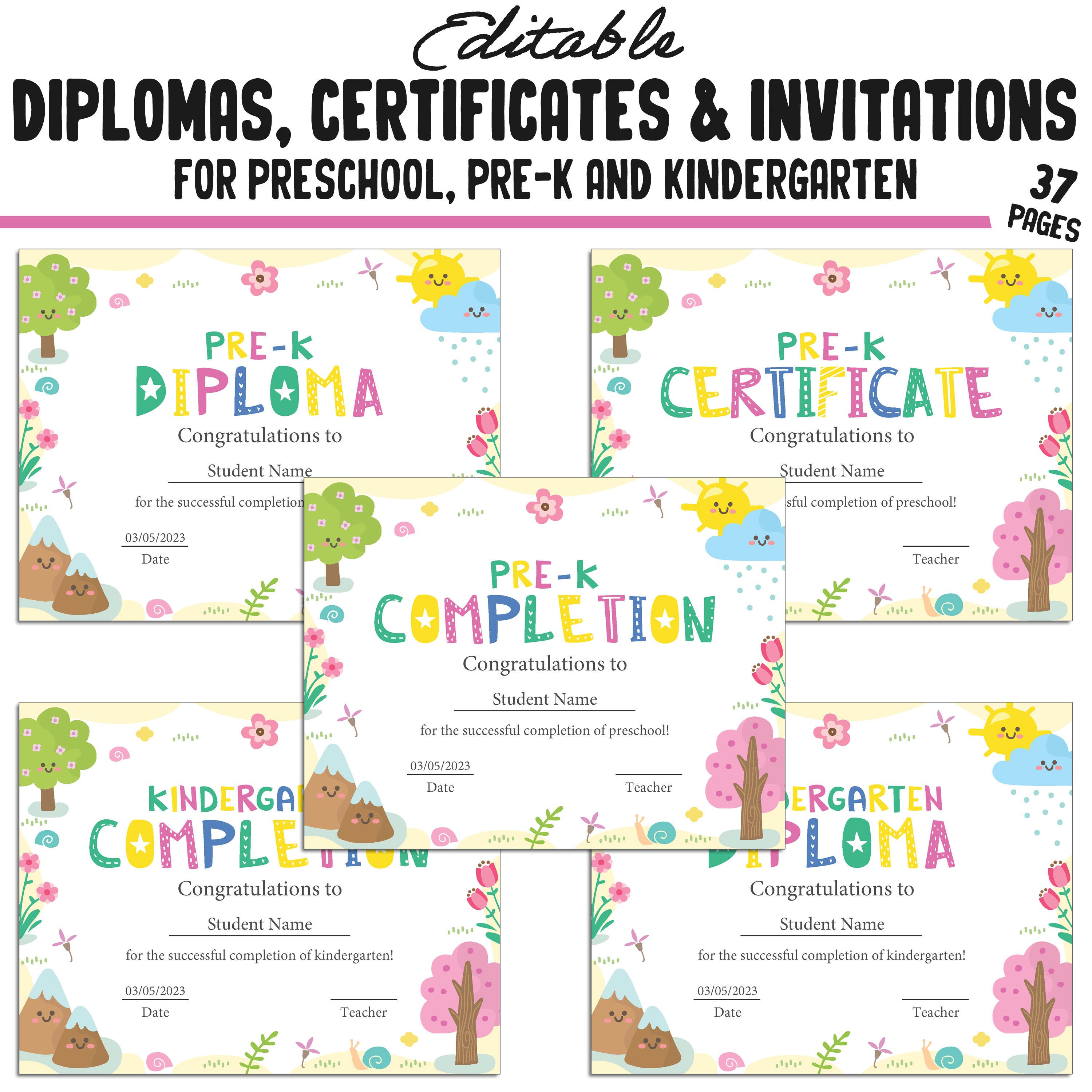 37 Editable Pre-k Certificates, Lovely Nature Themed, Kindergarten ...