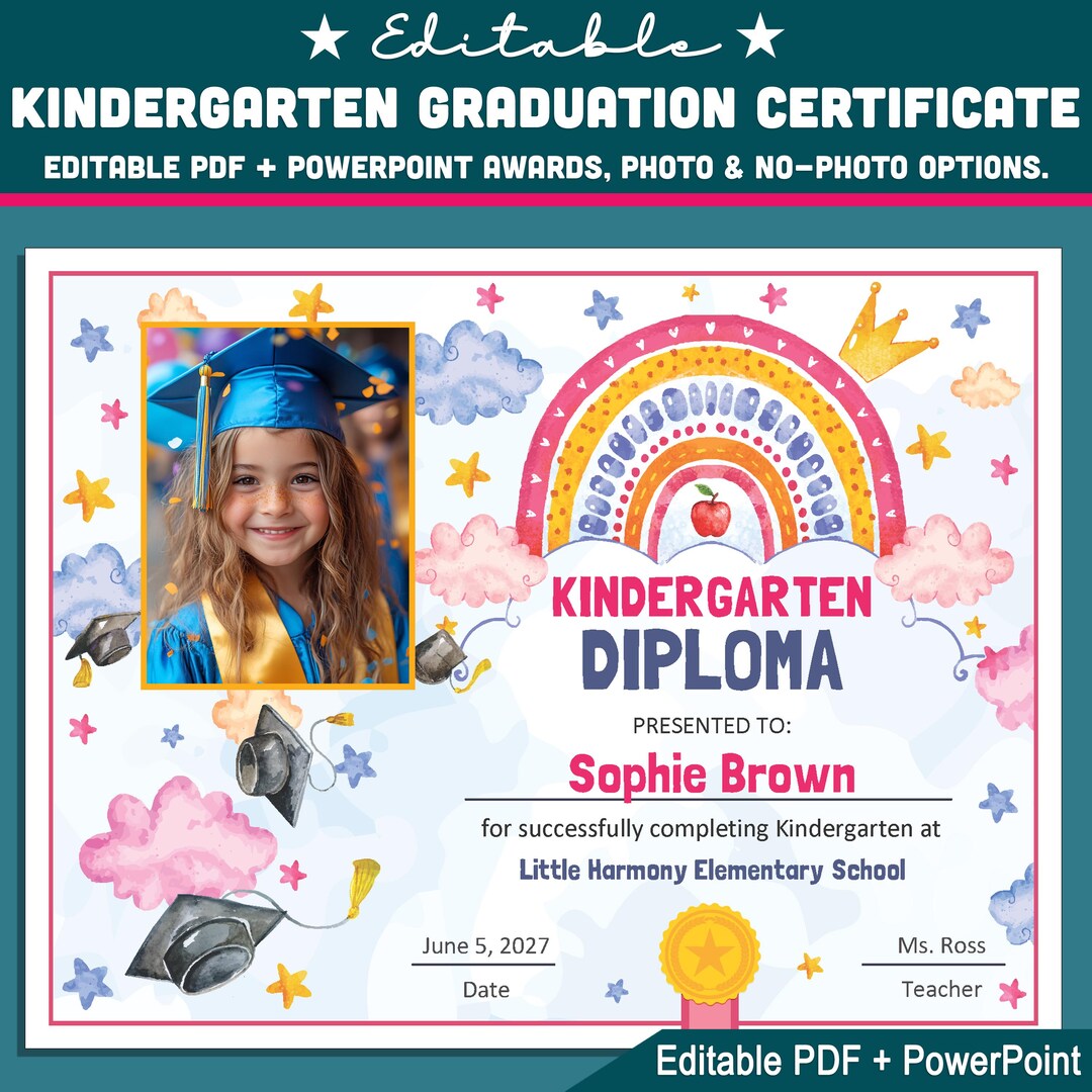 Kindergarten Graduation Certificate, Editable Rainbow Awards for ...