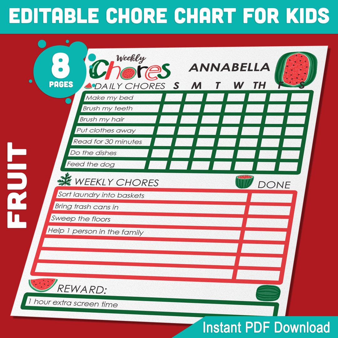 Fruit-themed Chore Chart for Kids: Printable and Editable ...