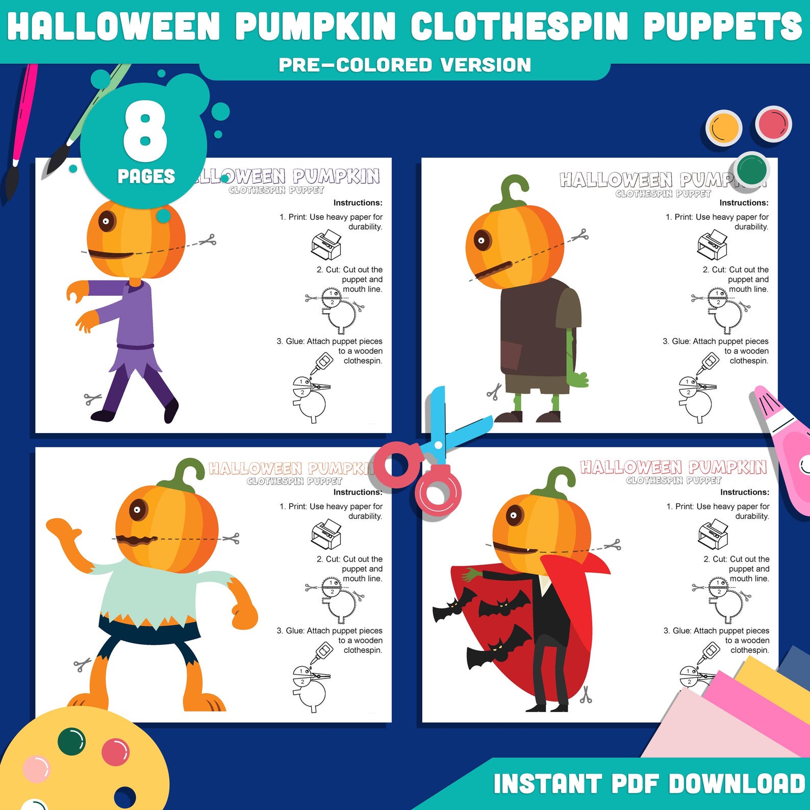Halloween Pumpkin Clothespin Puppets for Kids: 8-page Printable Craft ...