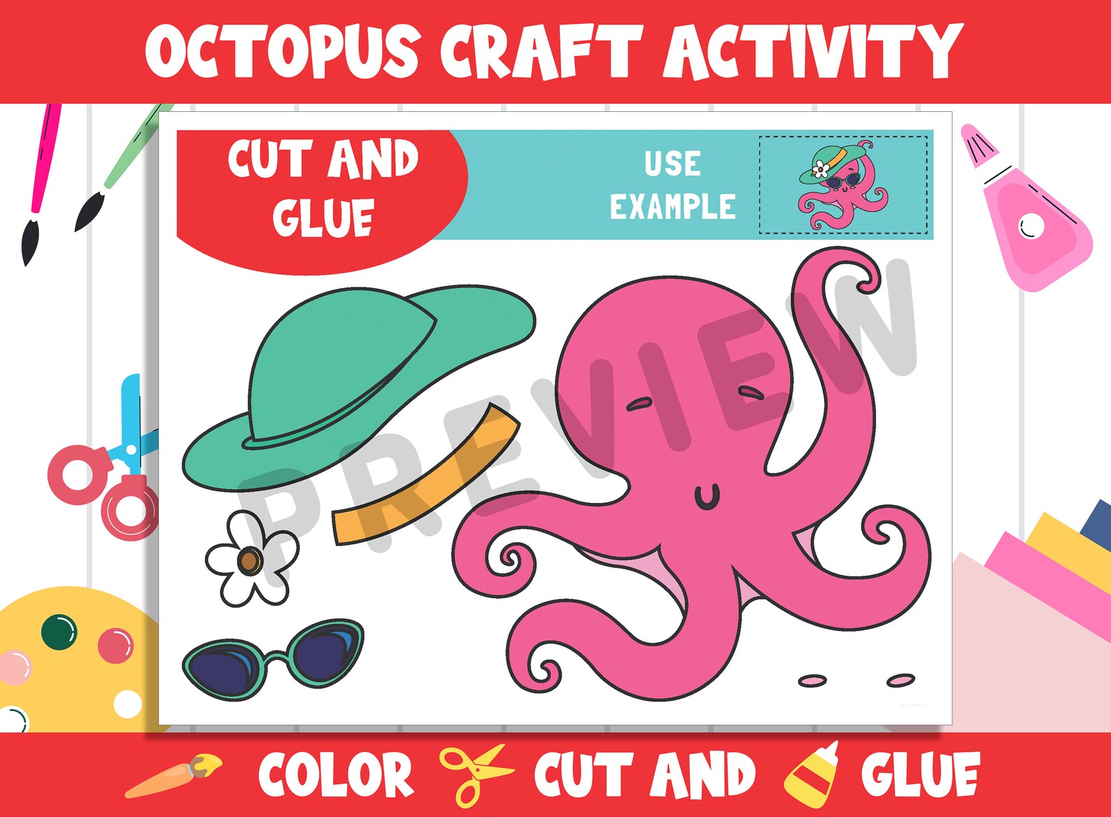 Cute Octopus Craft Activity Color, Cut, and Glue for Prek to 2nd Grade ...