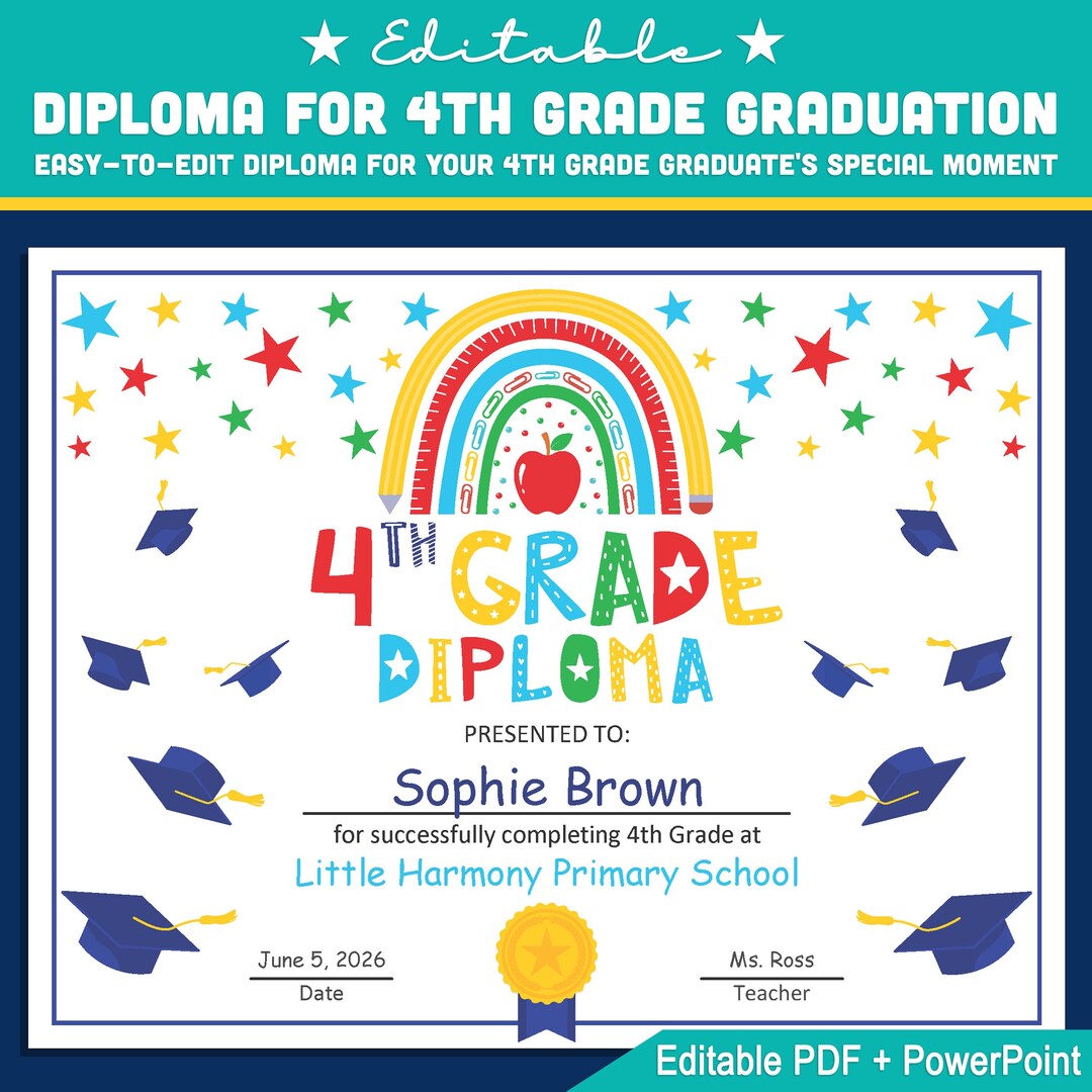 Editable 4th Grade Diploma Template: Letter Size PDF & Powerpoint for ...