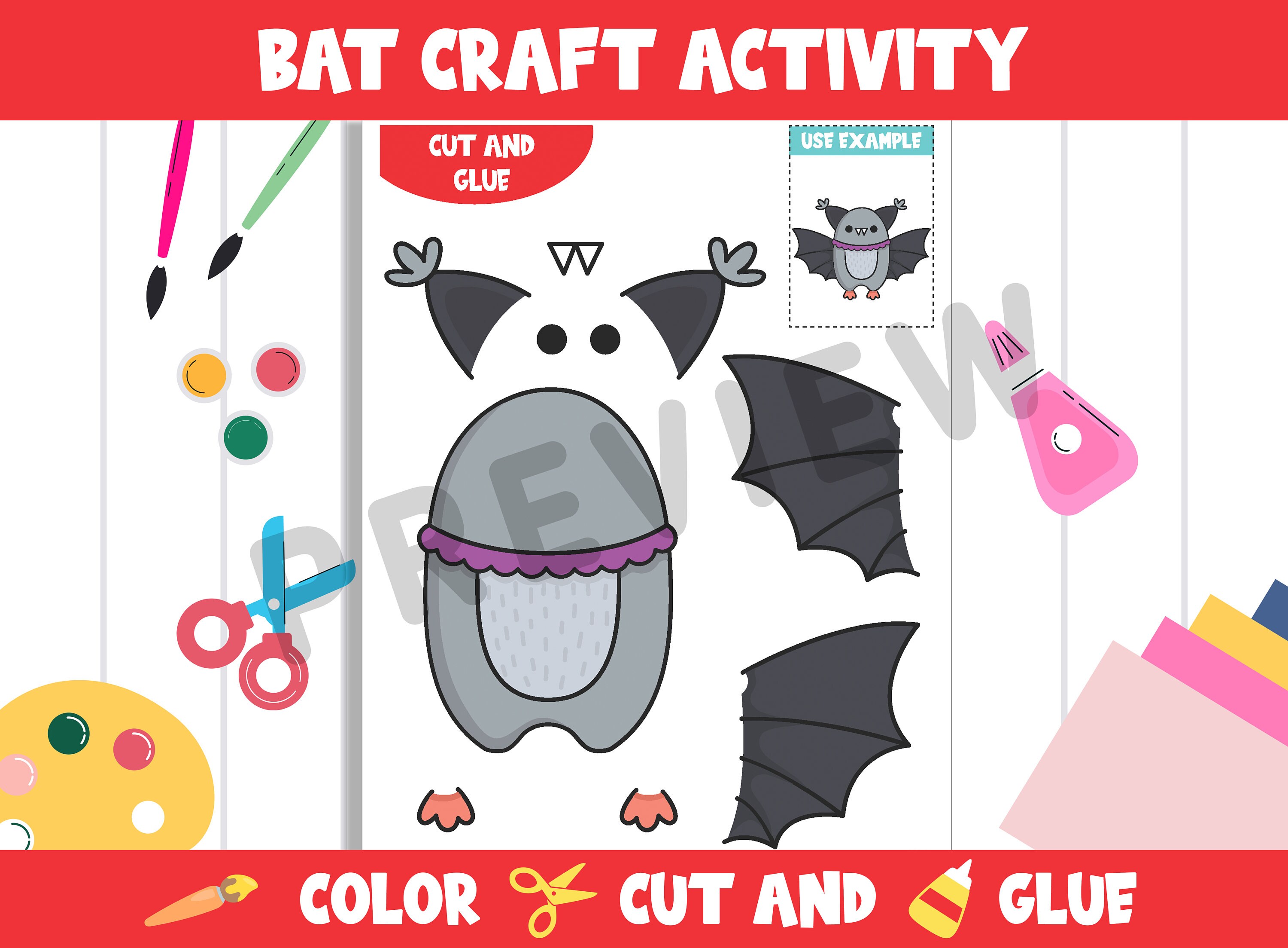 Halloween Bat Craft Activity Color Cut and Glue for Prek - Etsy