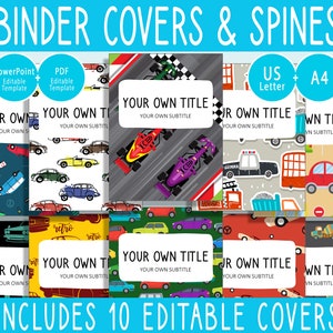 10 Editable Car Pattern Binder Covers, Includes 1, 1.5, 2" Spines ...