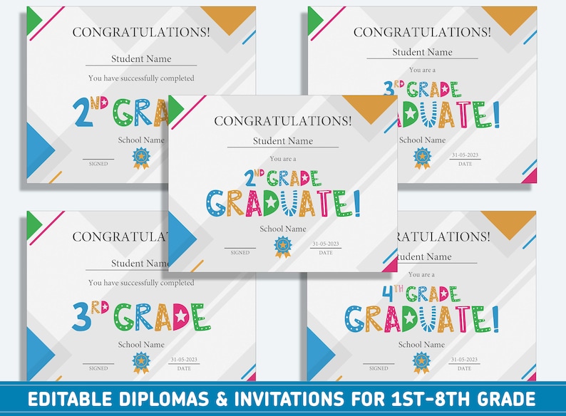 Editable 8th Grade Graduation, 1st to 8th Grade Diploma, Certificate of ...