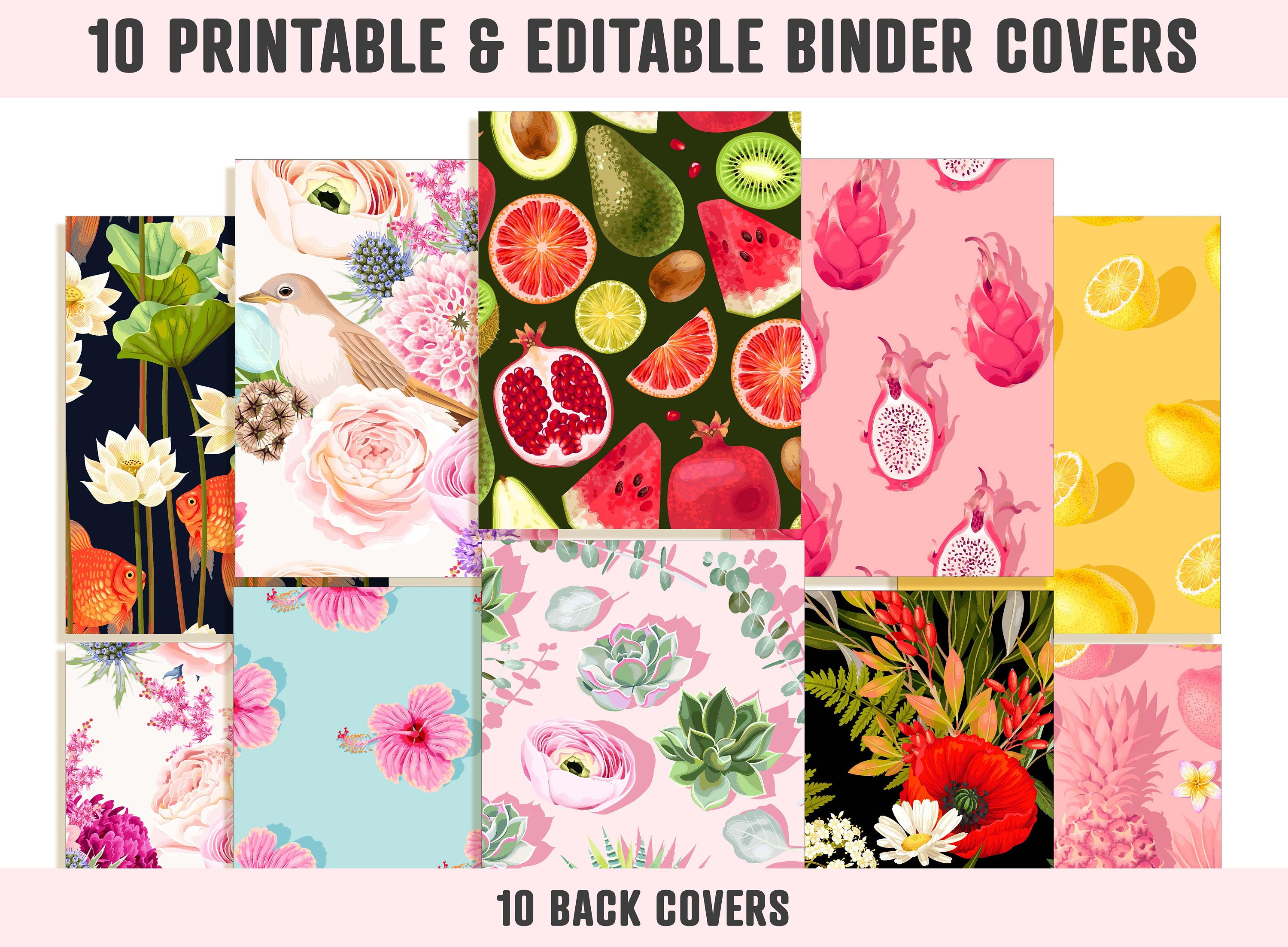 Fruit and Floral Binder Cover 10 Printable & Editable Binder - Etsy