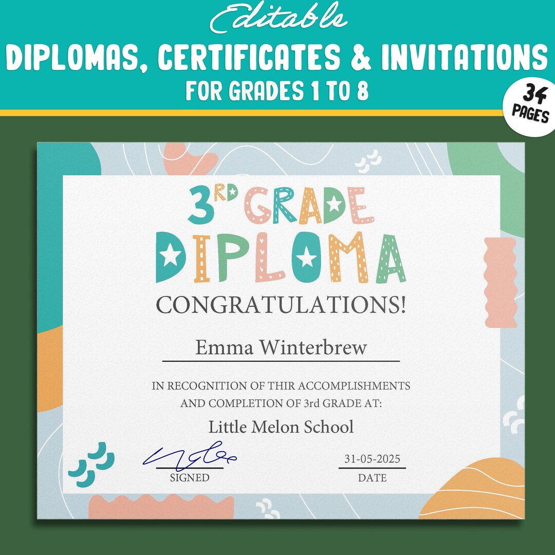 Editable 3rd Grade Certificate, 1st to 8th Grade Diploma, Certificate ...