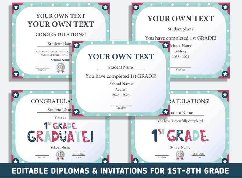 Editable First Grade Awards, 1st to 8th Grade Diploma, Certificate of ...