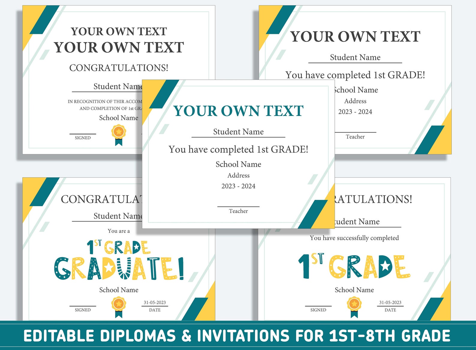 Editable 3rd Grade Graduation, 1st to 8th Grade Diploma, Certificate of ...