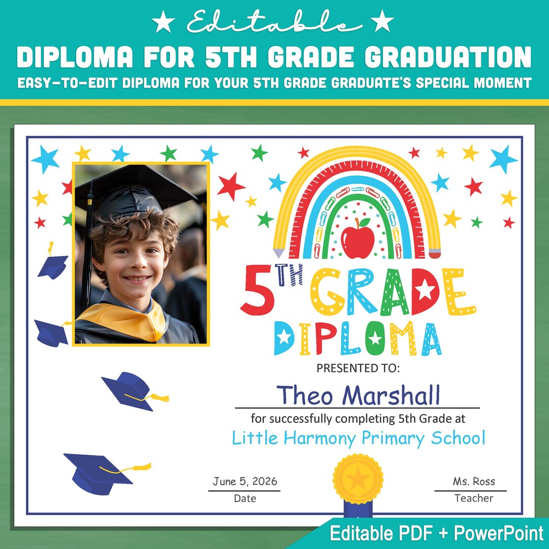 Editable 5th Grade Diploma With Photo: Customizable PDF & Powerpoint ...
