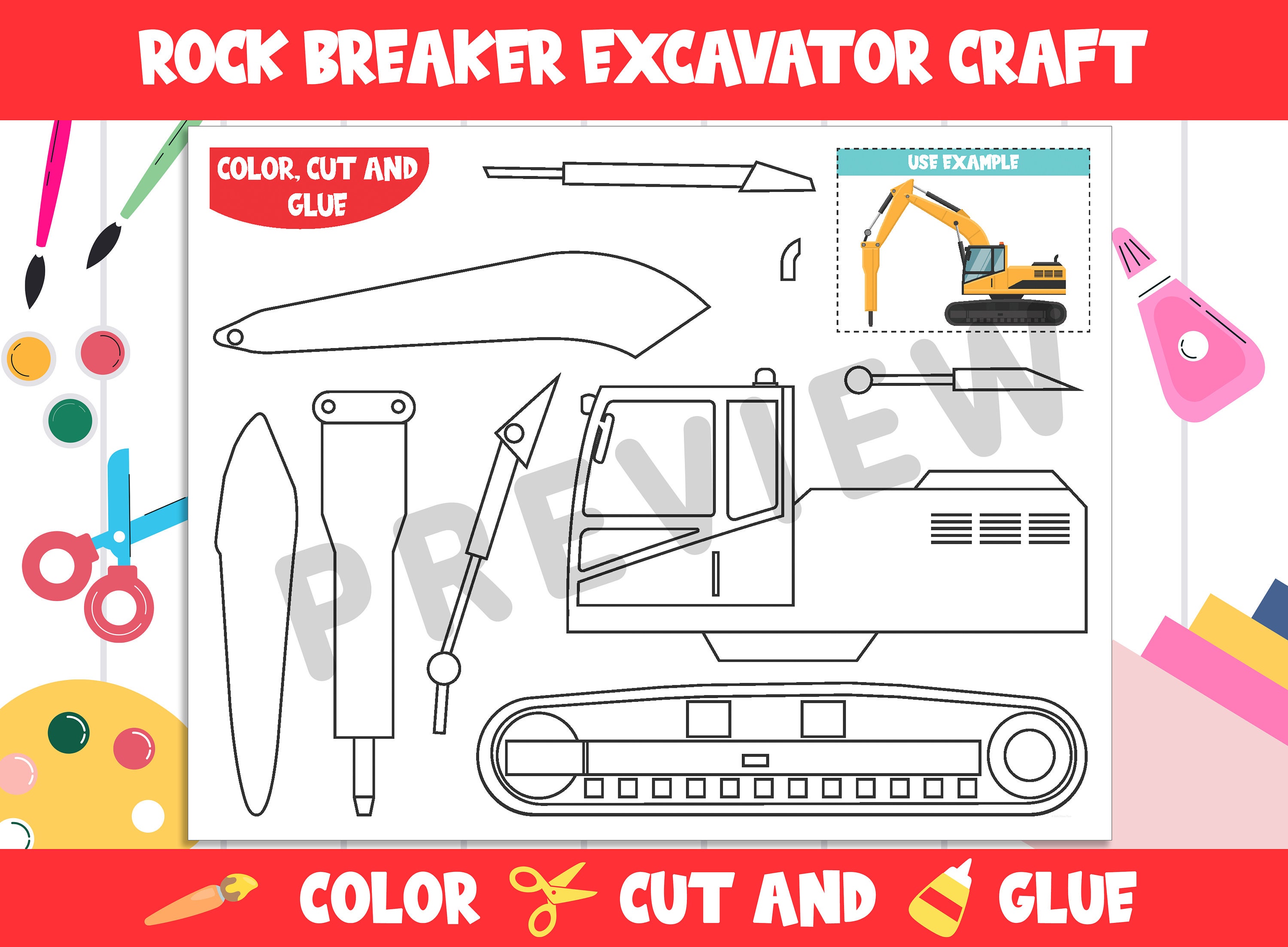 Rock Breaker Excavator Craft Activity - Color, Cut, and Glue for Prek ...