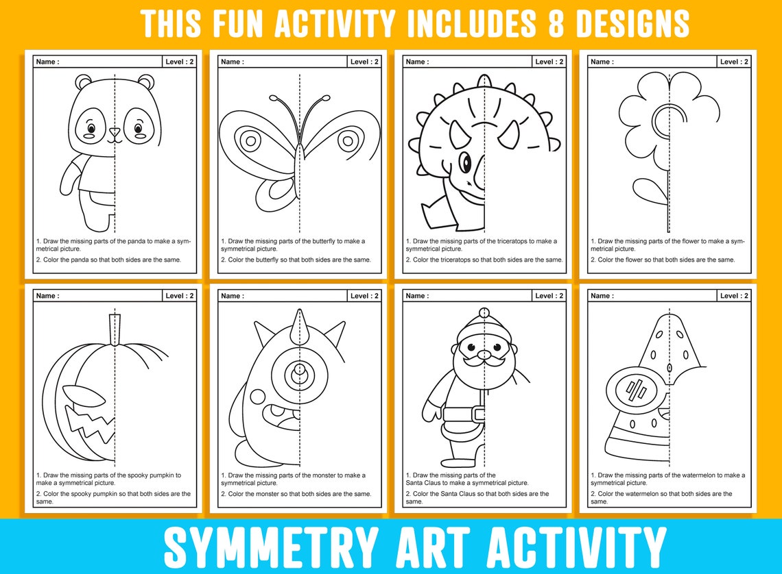 Symmetry Art Activity, Lines of Symmetry, 24 Pages/8 Designs, Each With ...