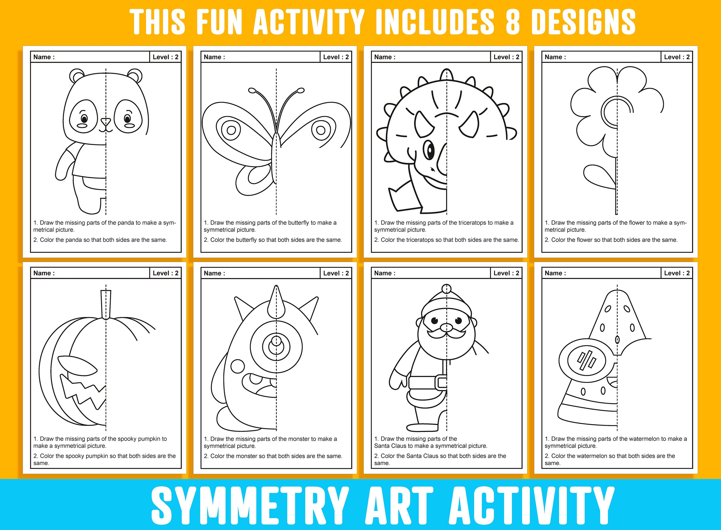 Symmetry Art Activity, Lines of Symmetry, 24 Pages/8 Designs, Each With ...