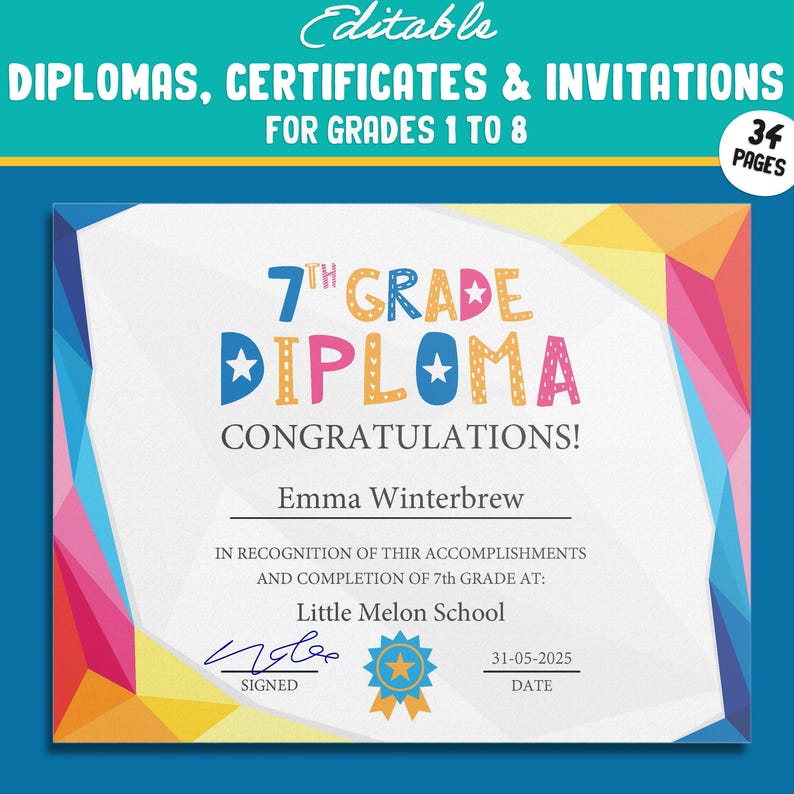 Editable 7th Grade Diploma, 1st to 8th Grade Diploma, Certificate of ...