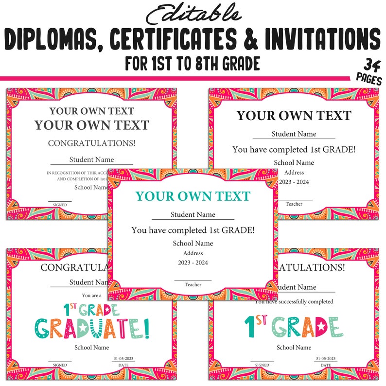 Printable 7th Grade Diplomas, Editable Certificates for 1st-8th Grades ...