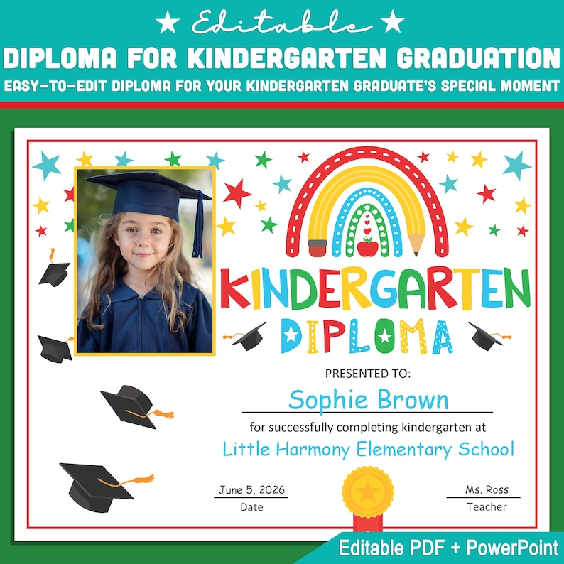 Editable Kindergarten Diploma With Photo Graduation Certificate ...
