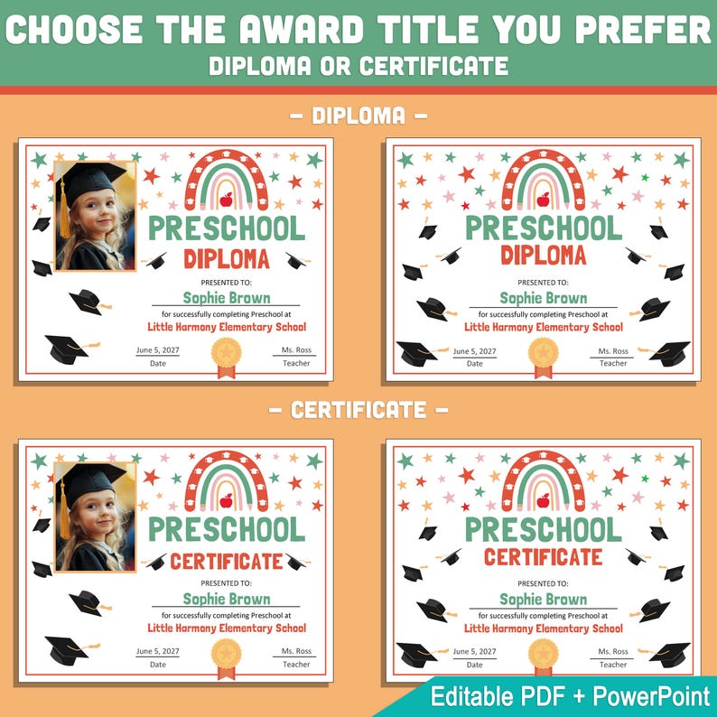 Editable Preschool Graduation Diploma & Certificate Set, Retro Rainbow ...