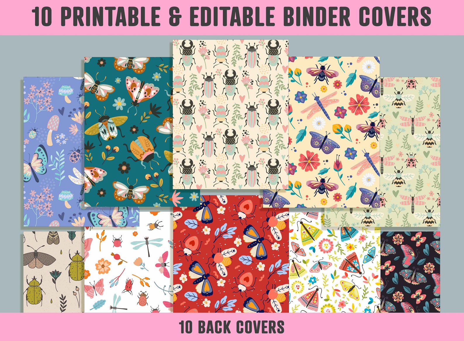Insects and Flowers Binder Cover 10 Printable & Editable - Etsy