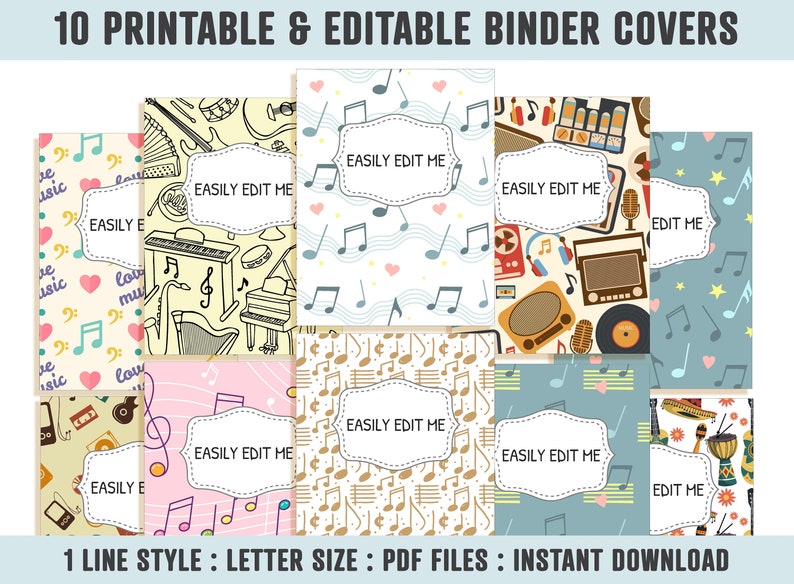 Binder Cover Music, 10 Printable/editable Covers+spines, Teacher/school ...