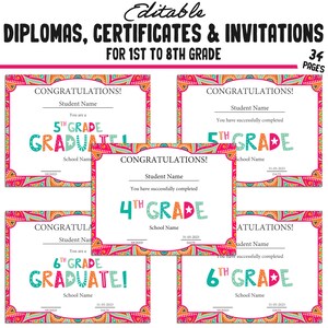 Printable 7th Grade Diplomas, Editable Certificates for 1st-8th Grades ...