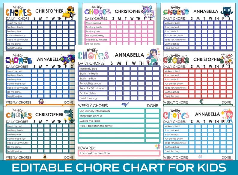 Chore Champions: 8 Fun and Editable Chore Charts for 7 Year Old Instant ...