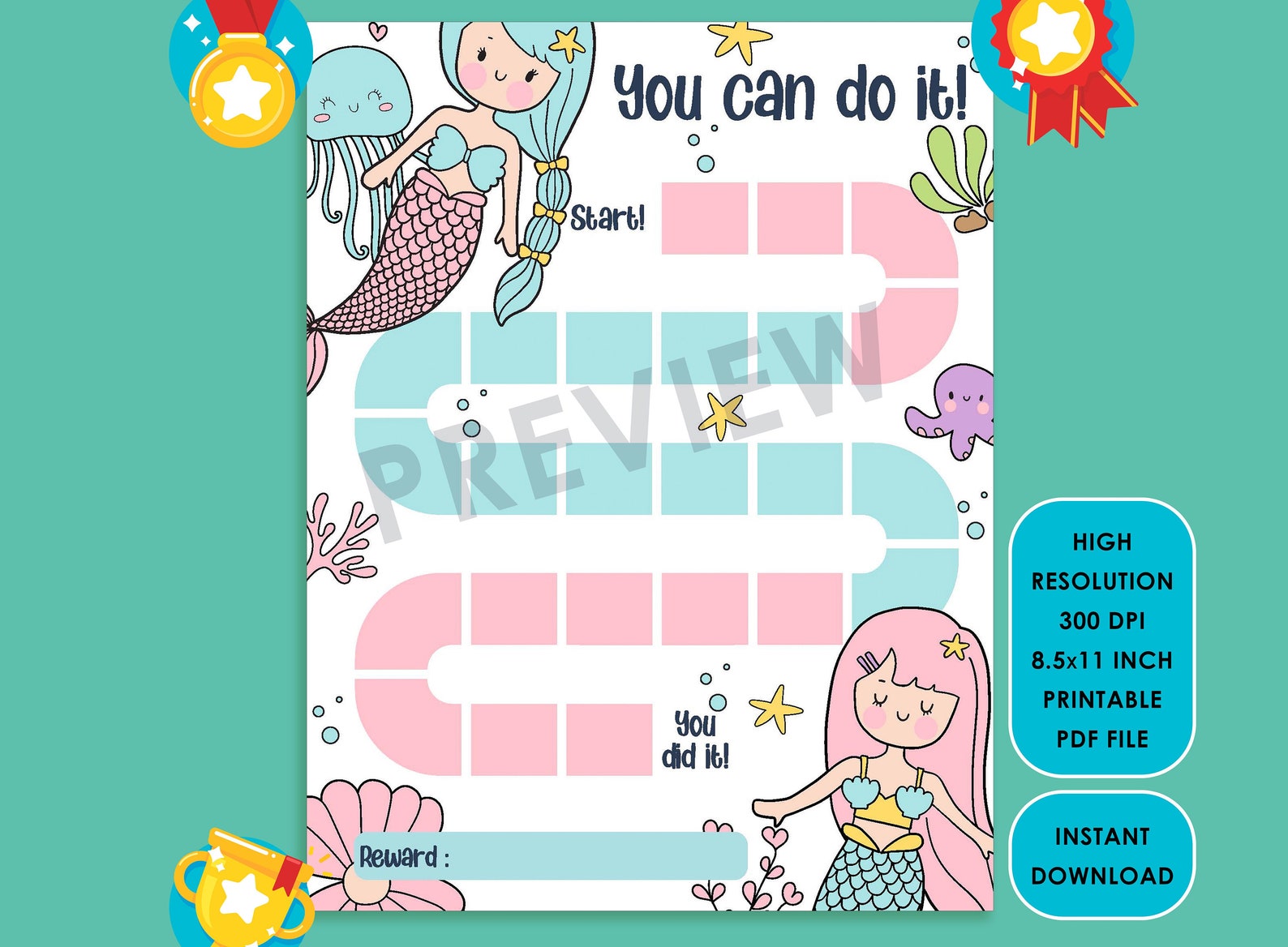 Printable Mermaid Reward Chart for Kids, a Way of Guiding Children ...
