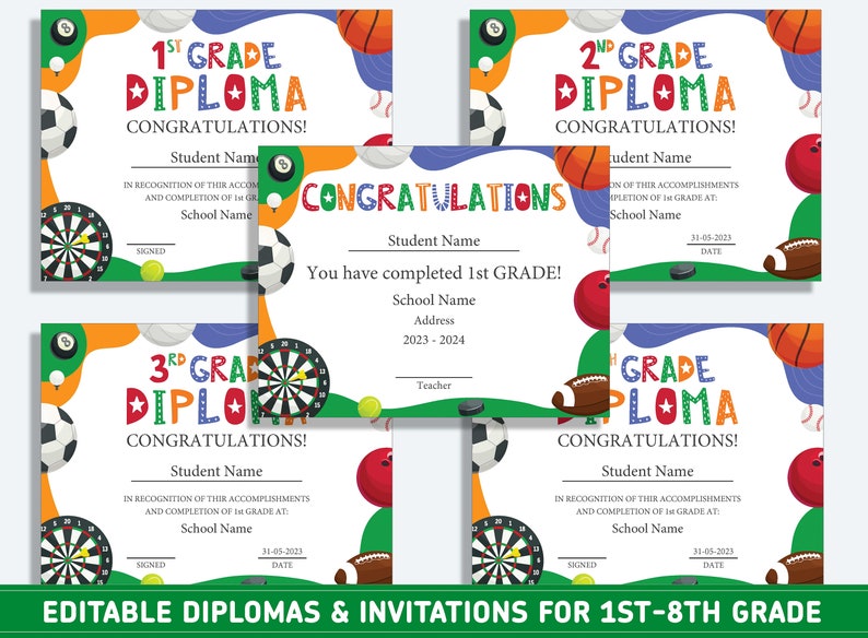 Editable 5th Grade Certificate, 1st to 8th Grade Diploma, Certificate ...