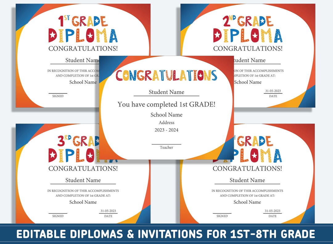 Editable End of 3rd Grade Certificate, 1st to 8th Grade Diploma, Certificate of Completion ...