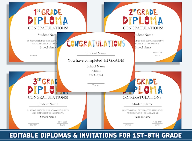 Editable End of 3rd Grade Certificate, 1st to 8th Grade Diploma ...