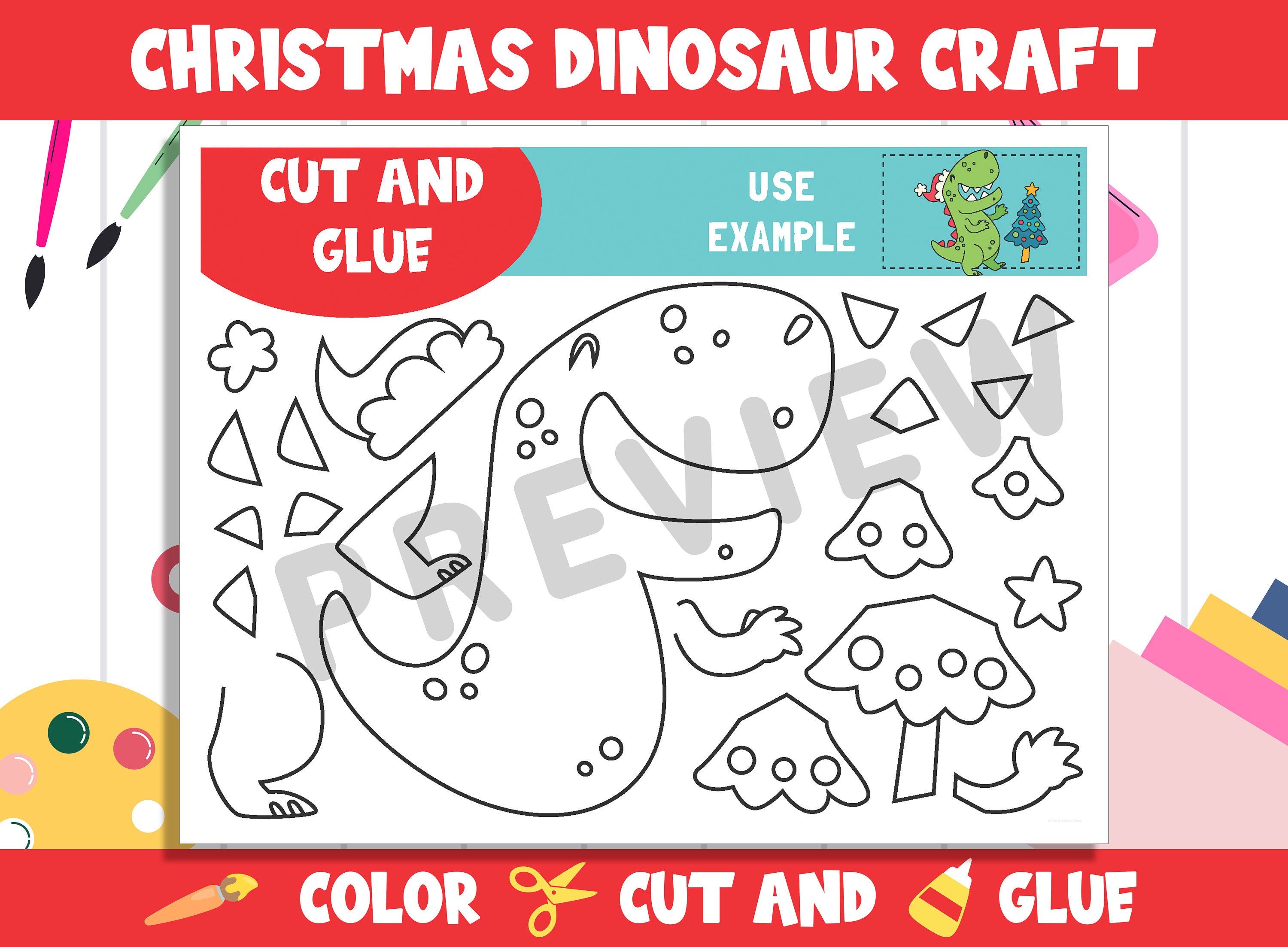 Christmas Dinosaur Craft Activity Color, Cut, and Glue for Prek to 2nd ...