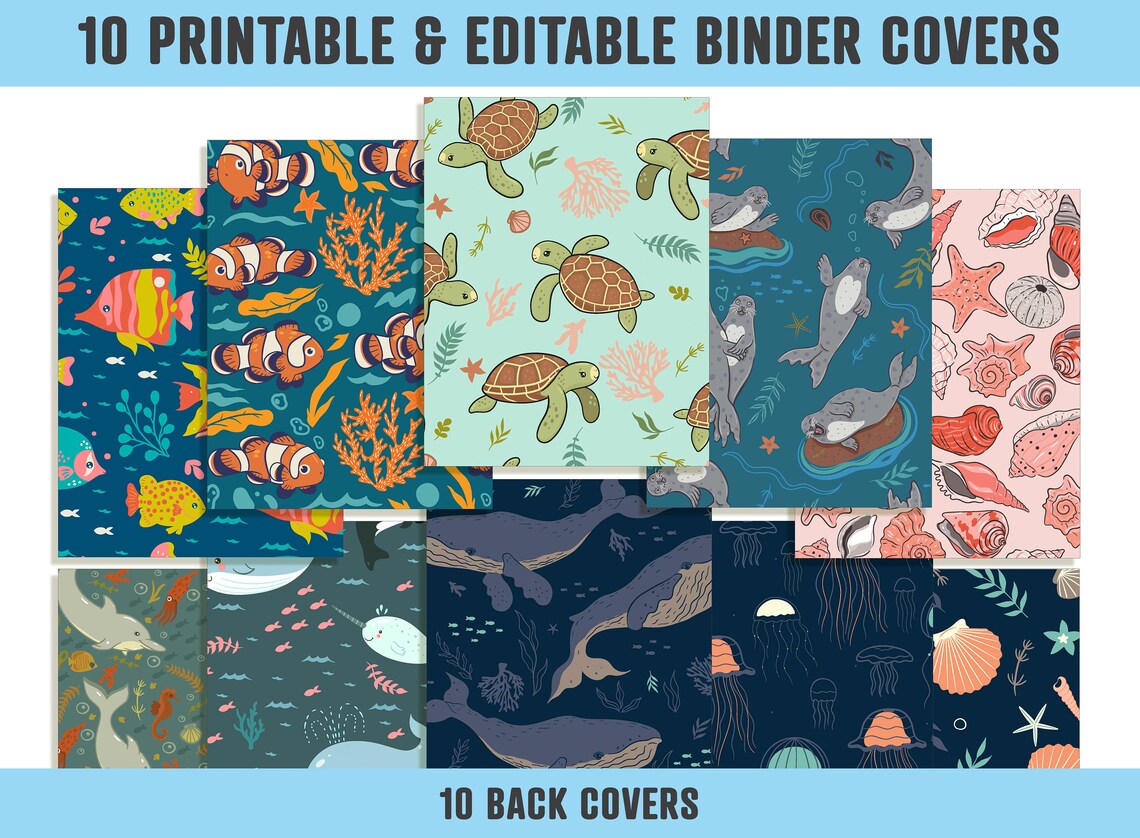 Sea Life Pattern Binder Cover 10 Printable/editable Binder - Etsy