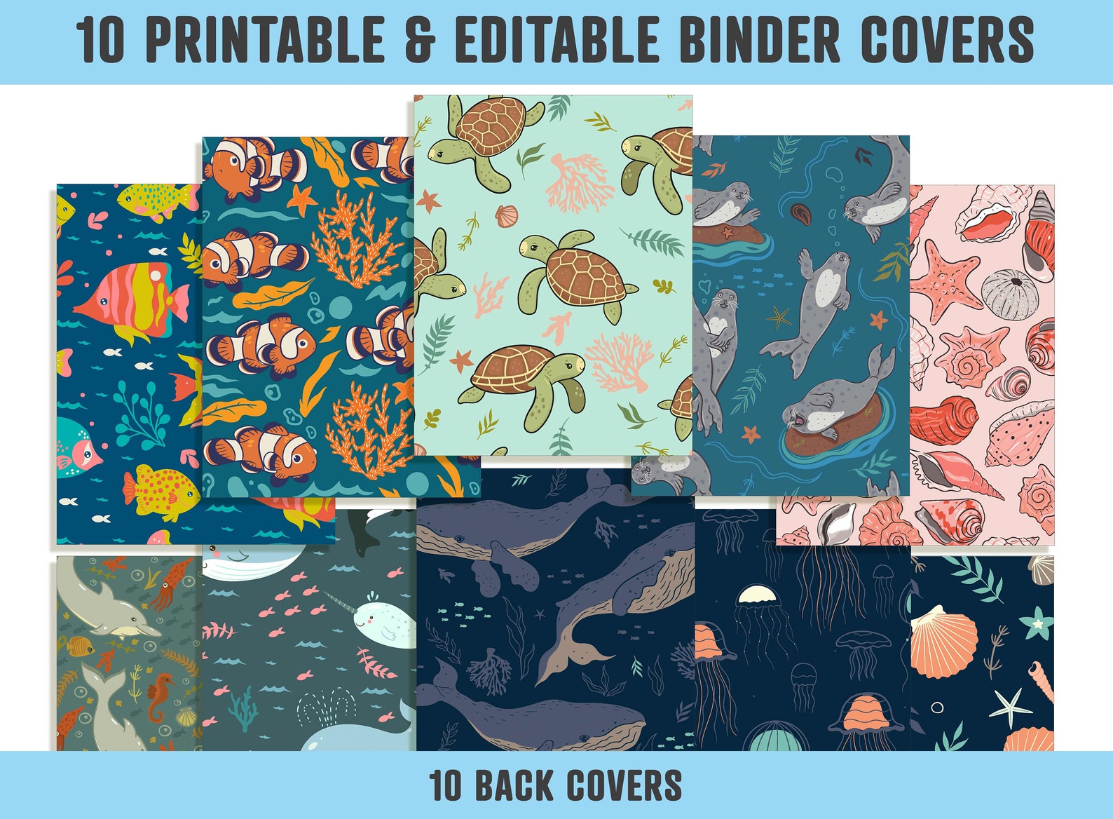 Sea Life Pattern Binder Cover, 10 Printable/editable Binder ...