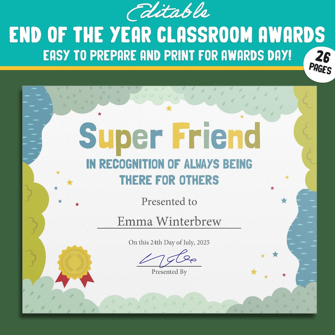 26 Editable Classroom Certificates - End of the Year Awards - Student ...