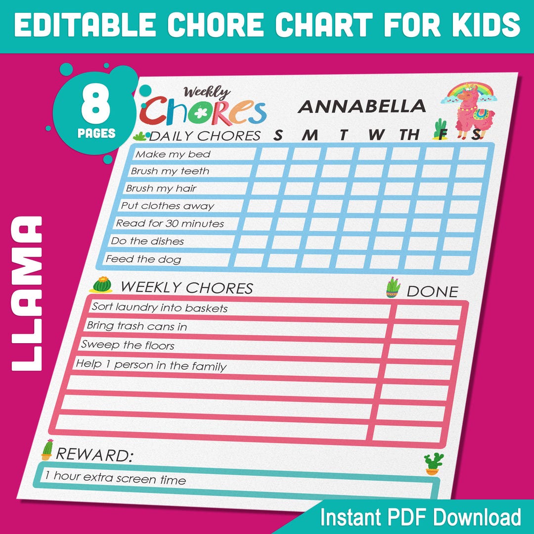 Llama-themed Chore Chart for Kids: Printable/editable Responsibility ...