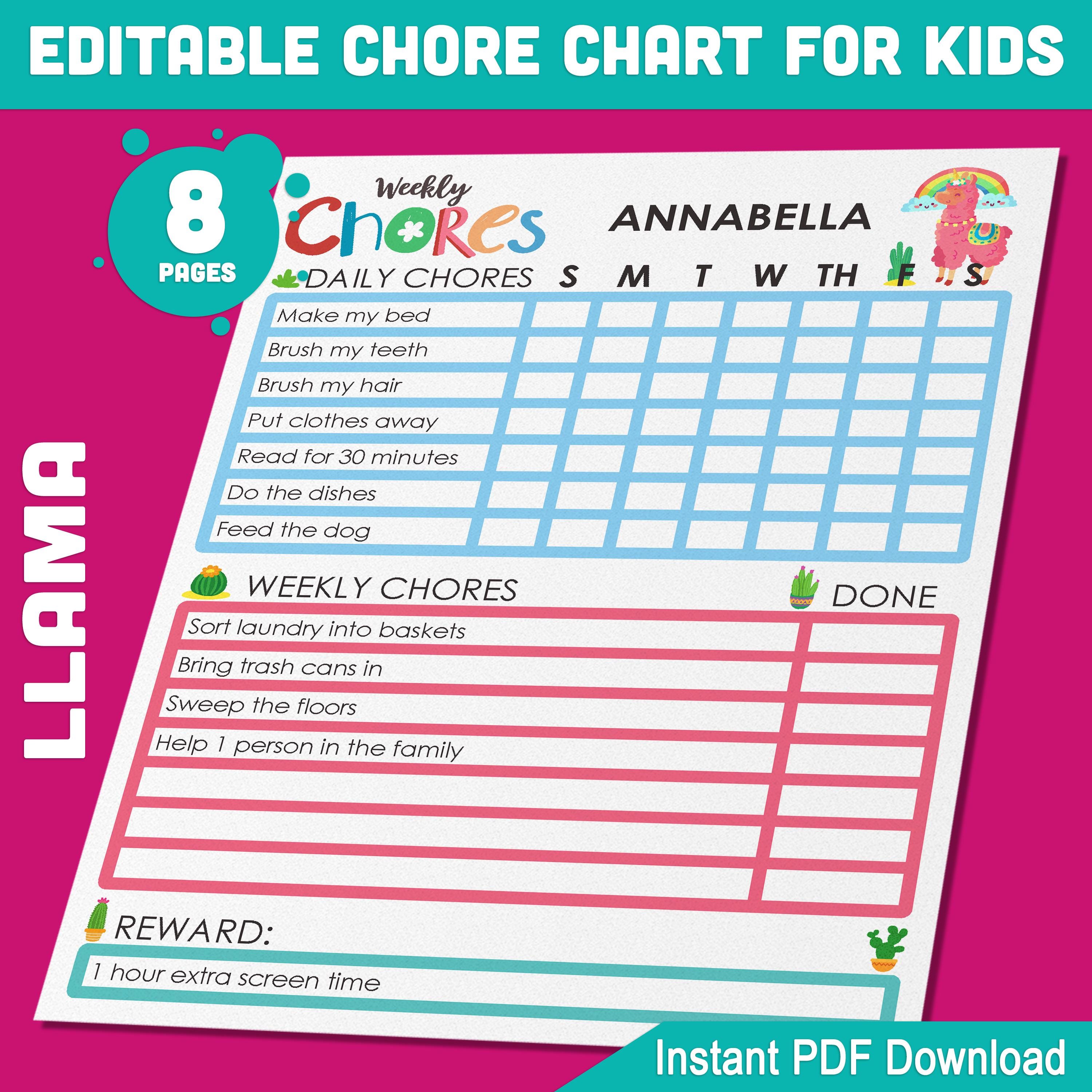 Llama-themed Chore Chart for Kids: Printable/editable Responsibility ...