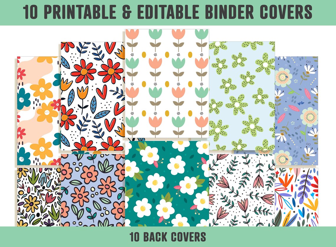 Floral Binder Cover, 10 Printable & Editable Covers+spines, Binder ...