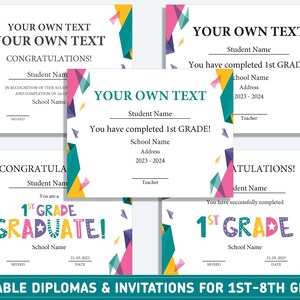 Editable First Grade, Second Grade to 8th Grade Diploma Certificate of ...