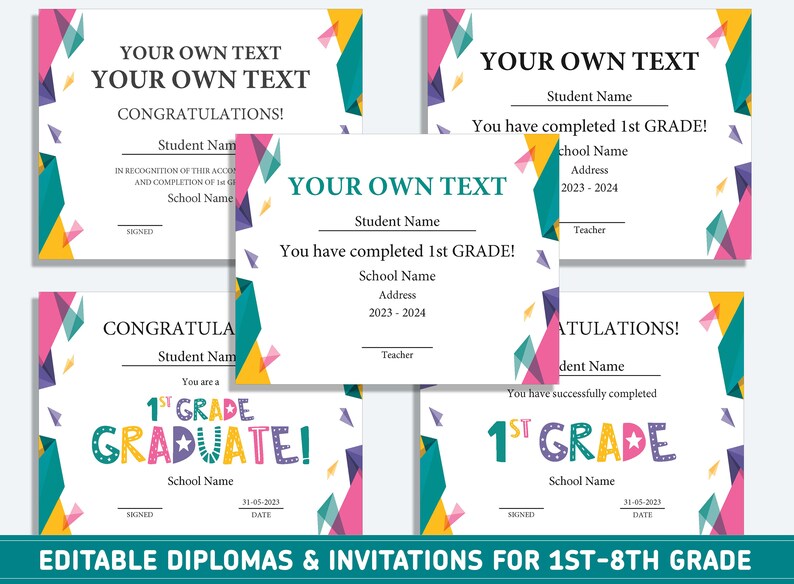 Editable First Grade Second Grade to 8th Grade Diploma - Etsy
