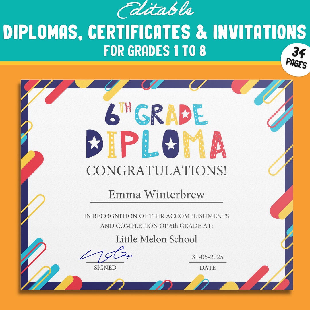 Editable 6th Grade Diplomas, 1st-8th Grade Certificates & Invitation ...