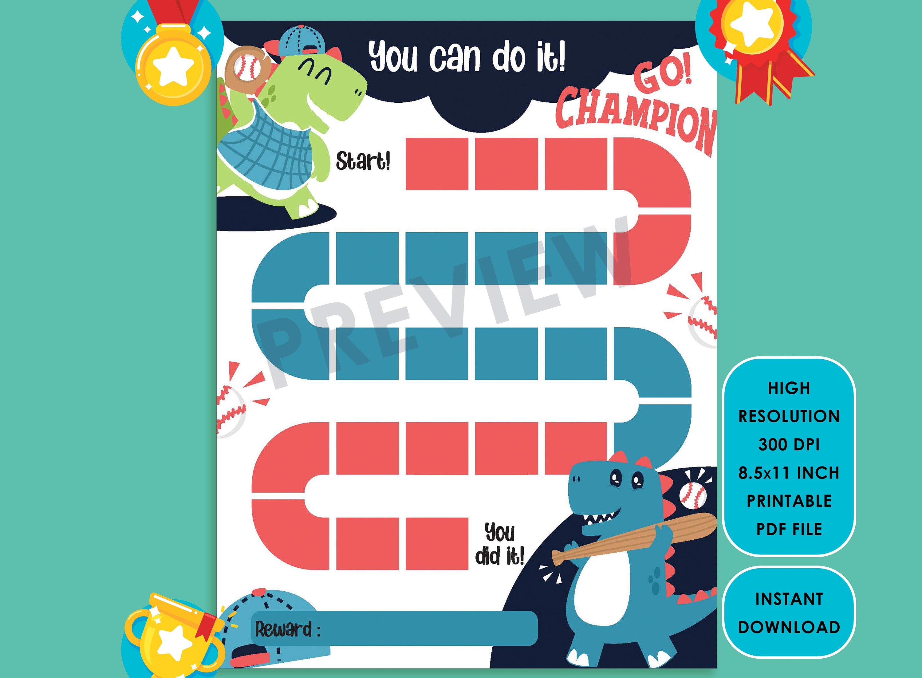 Printable Dinosaur Playing Sports Reward Chart for Kids: 2 Exciting ...