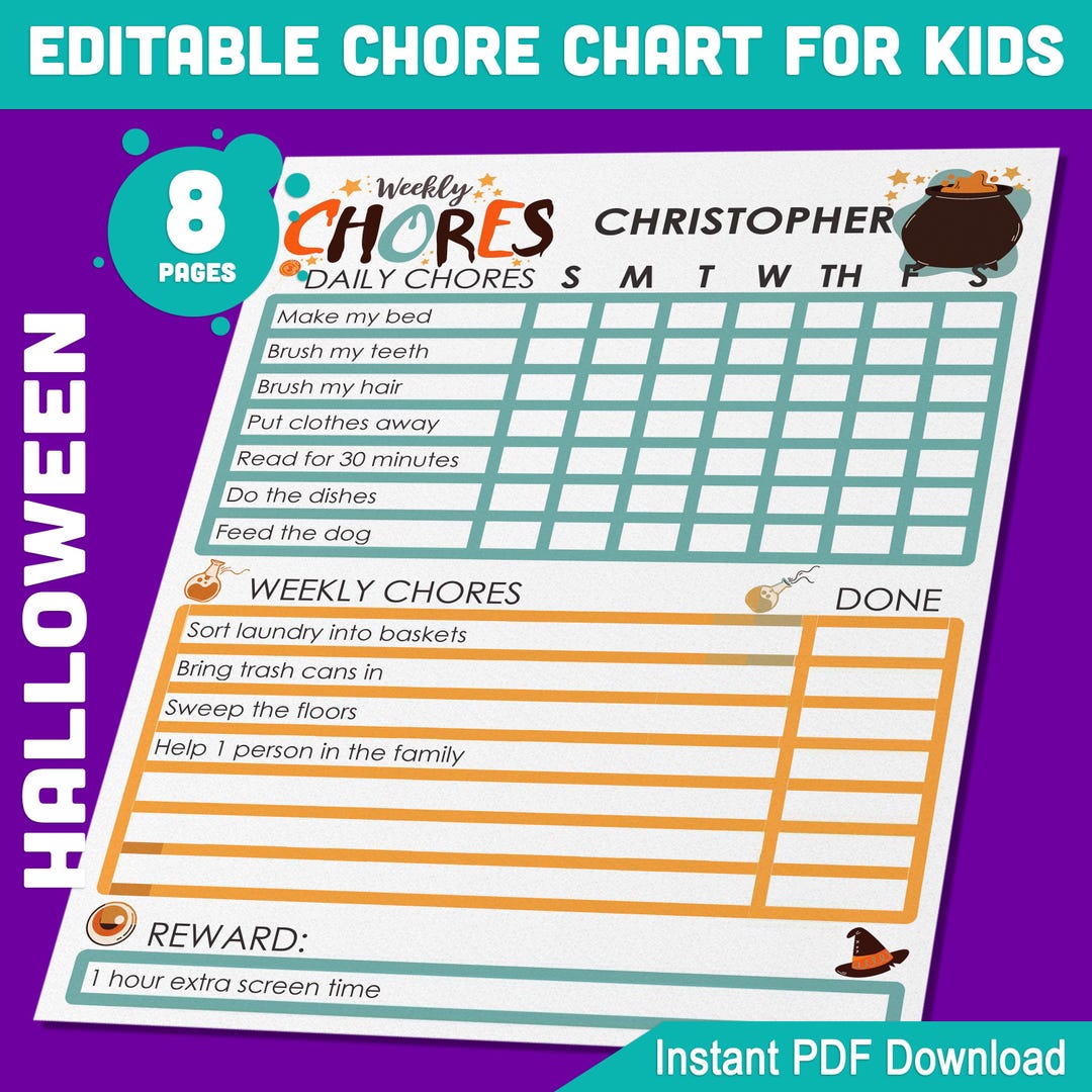 Halloween Chore Chart for Kids: Printable and Editable Responsibility ...