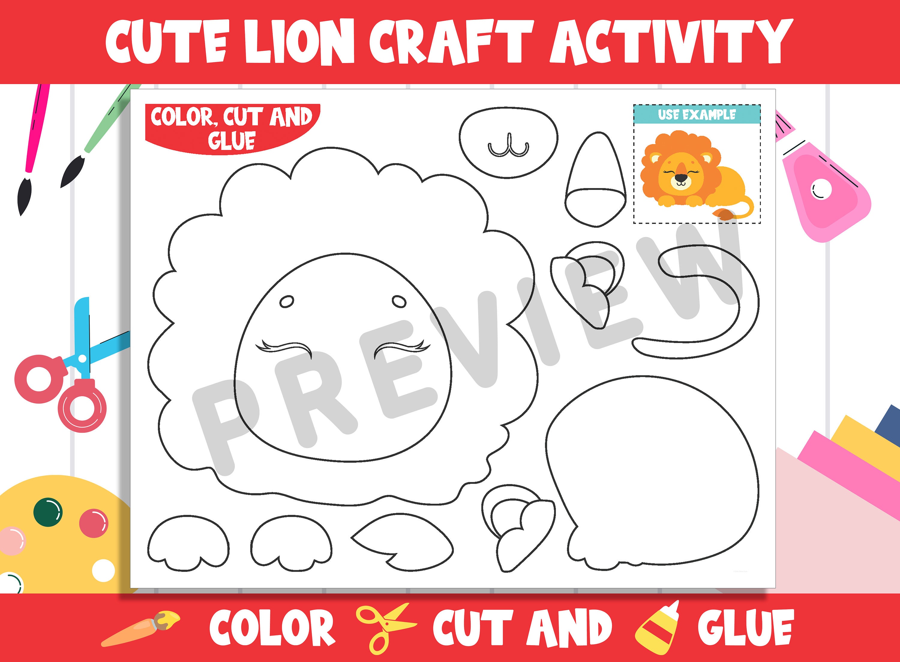 Cute Lion Craft Activity Color, Cut, and Glue for Prek to 2nd Grade ...