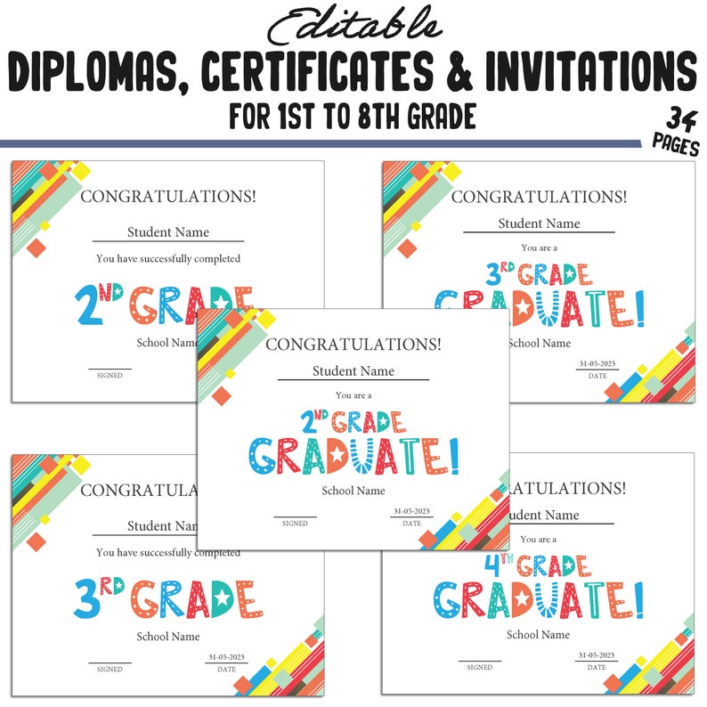 Editable Diplomas for 5th Grade, Certificates for 1st-8th Grade ...
