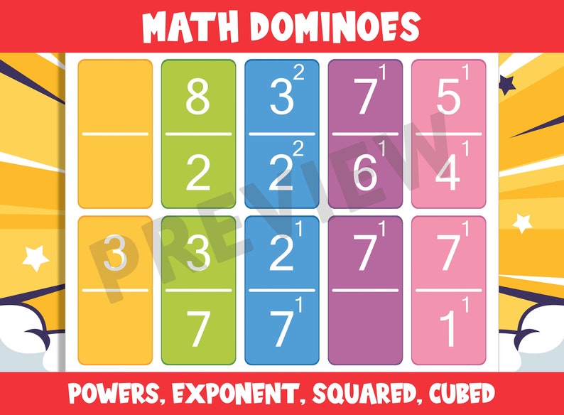 Printable Math Dominoes powers Exponent Squared Cubed 55 - Etsy
