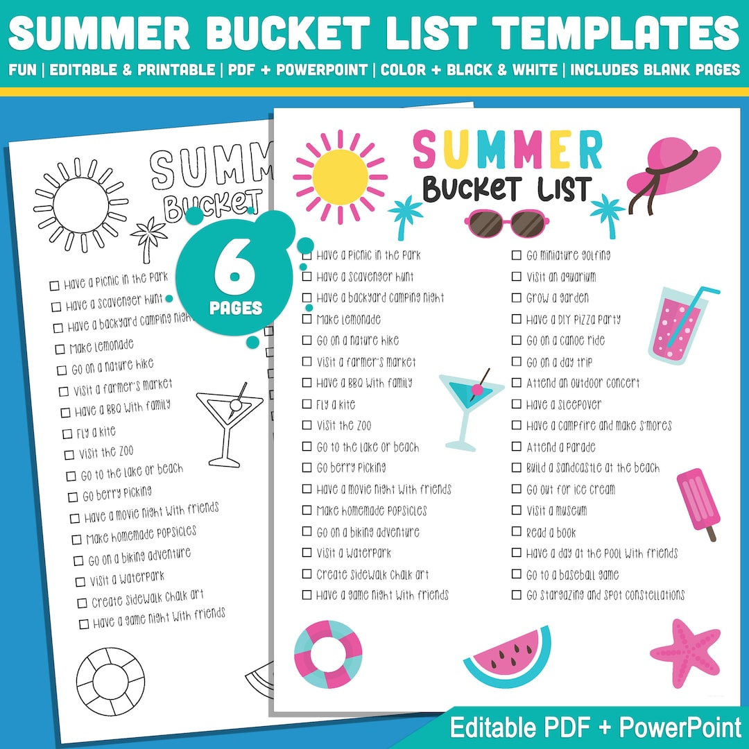 Editable Summer Bucket List Templates for Kids: Printable Pdf ...