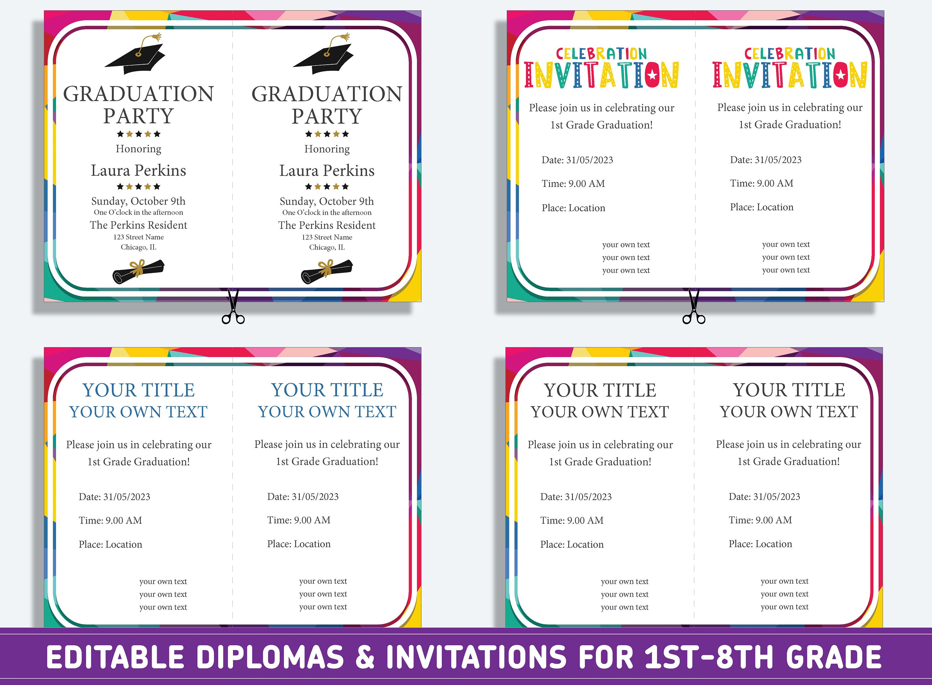 Editable 4th Grade Graduation, 1st to 8th Grade Diploma, Certificate of ...