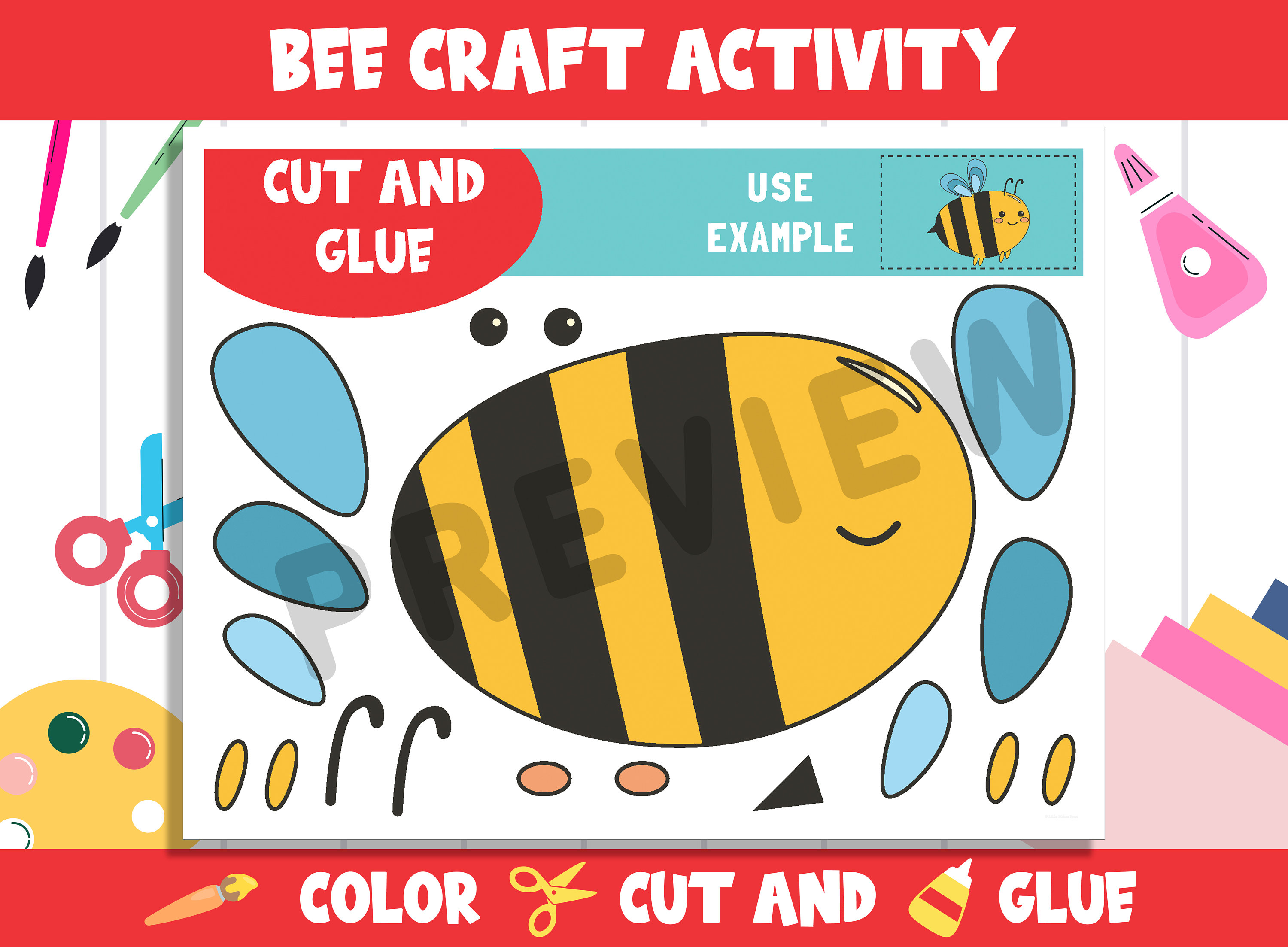 Cute Bee Craft Activity Color, Cut, and Glue for Prek to 2nd Grade, PDF ...