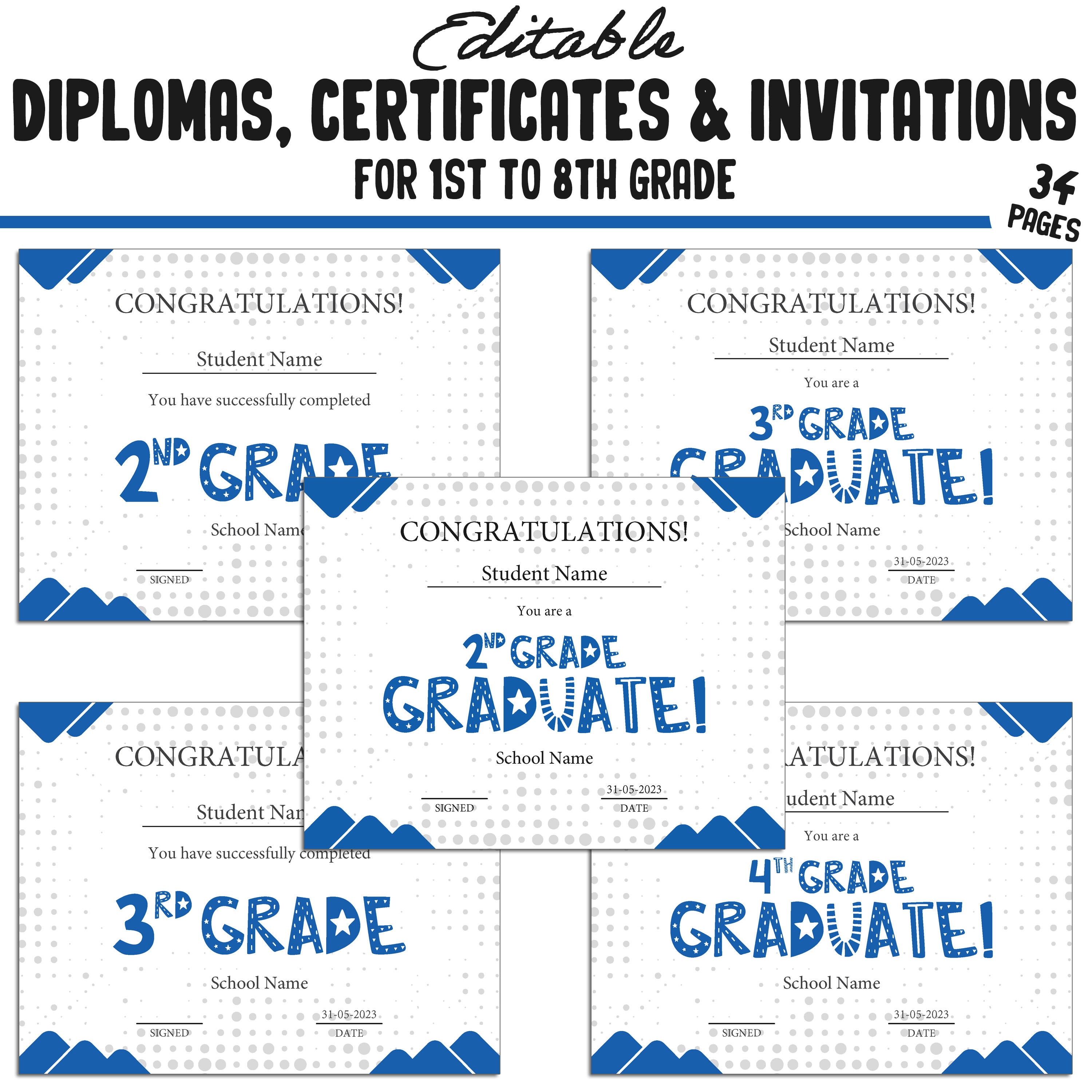 34 First Grade Achievement Diplomas, 1st-8th Grade Certificates, and ...