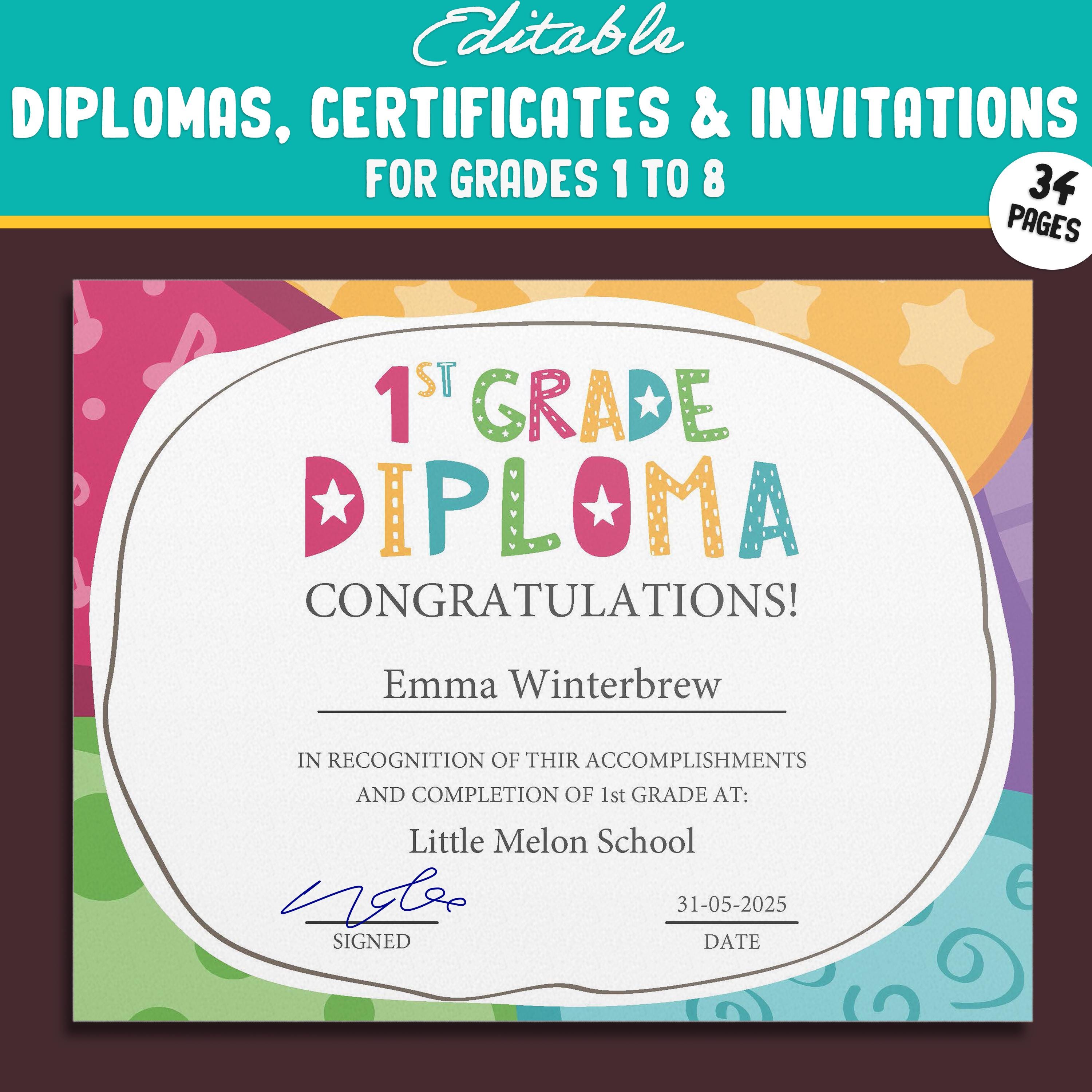 Editable First Grade Award Certificates, 1st to 8th Grade Diploma ...