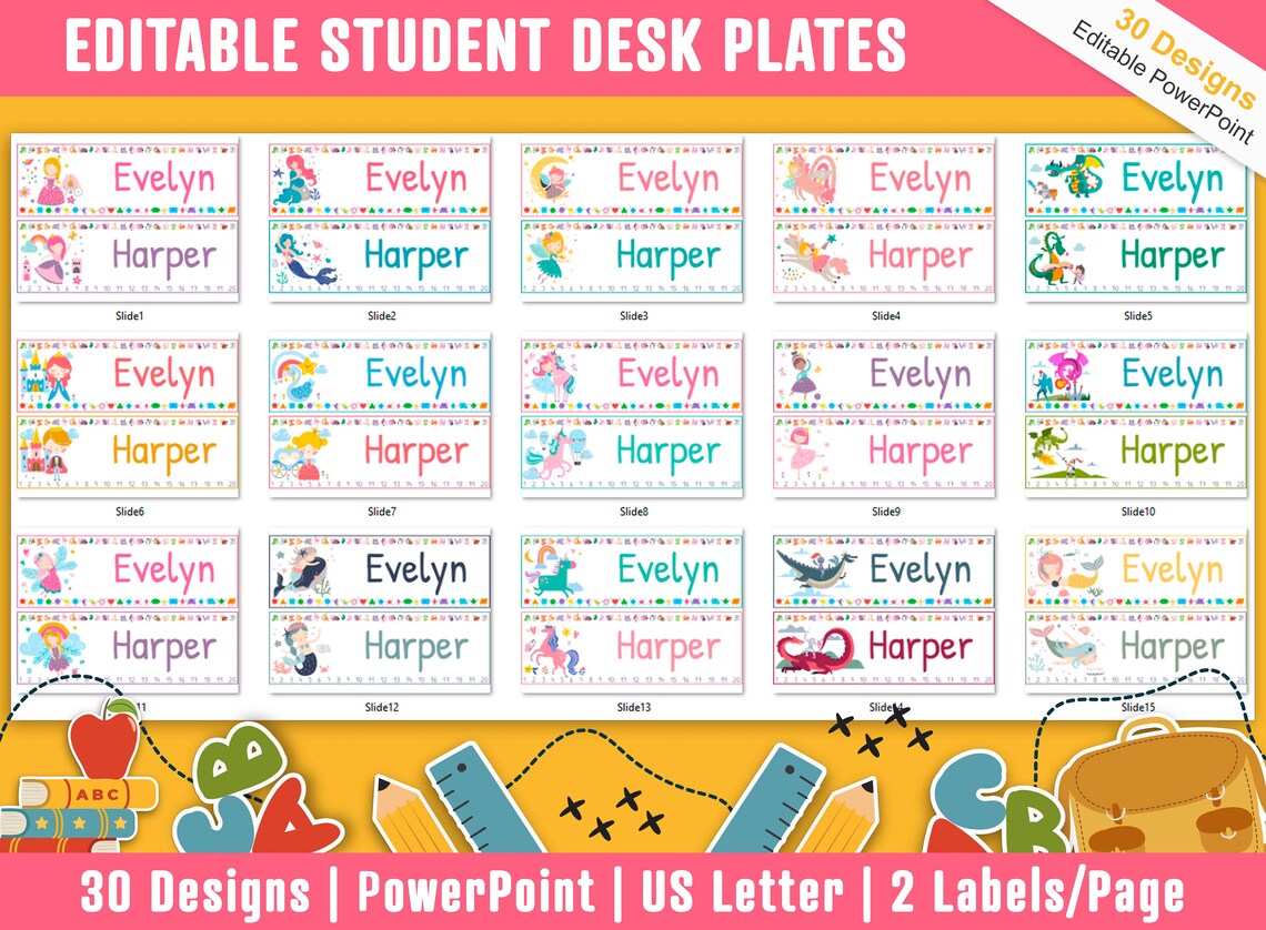 Student Desk Plates, 30 Printable/editable Unicorn, Princess, Fairy ...